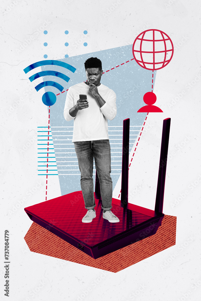 Composite collage image of wifi router connection problem confused ...