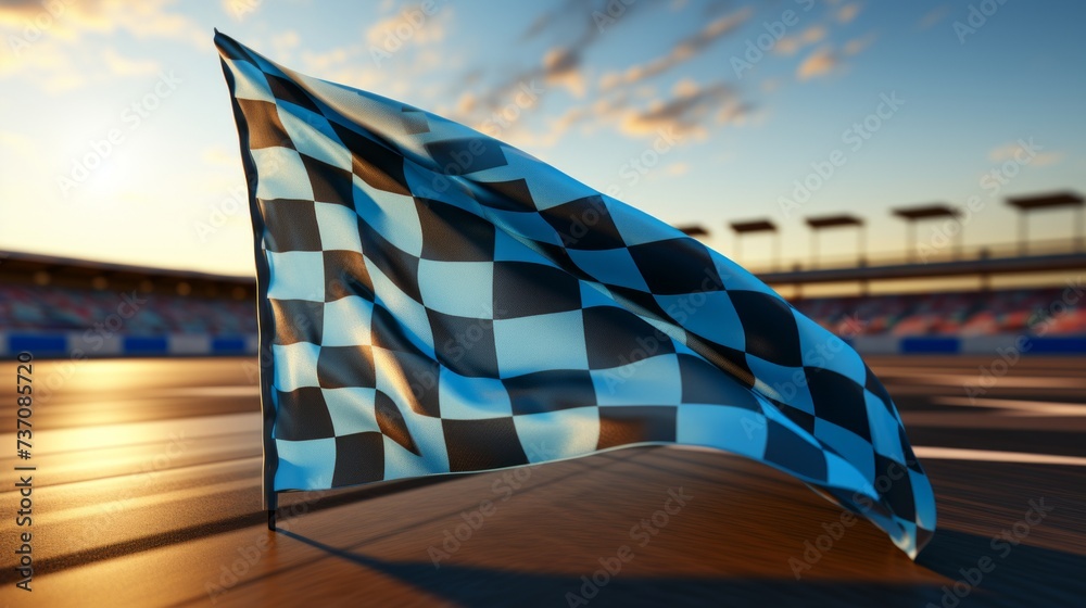 Race flag waving in the wind over asphalt road with cloudy sky ...