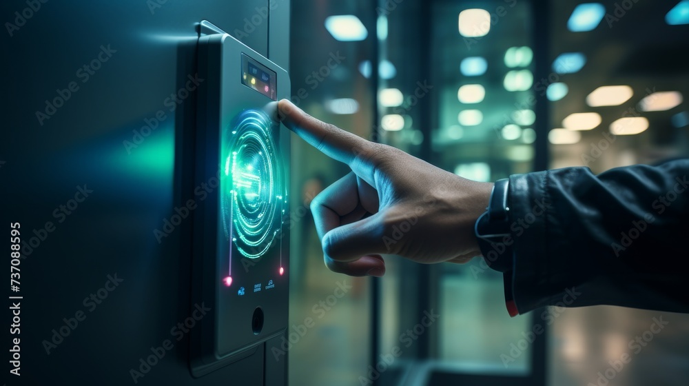 Finger print scan access control system machine on wall near entrance ...