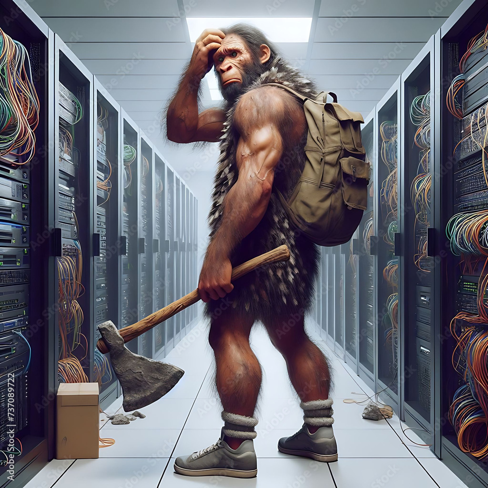 Neanderthal man wearing skins and holding stone ax stands in server ...