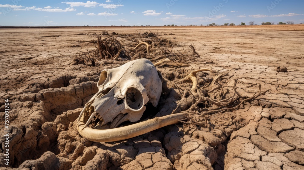 Cracked scorched earth soil drought desert landscape with animal ...
