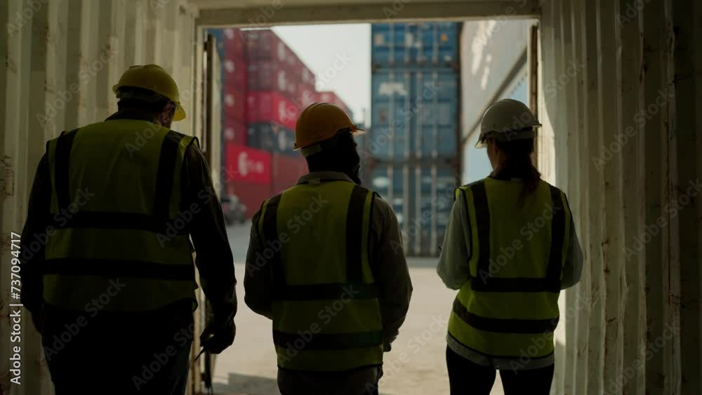 Team of cargo workers opening shipping cargo container in logistics ...
