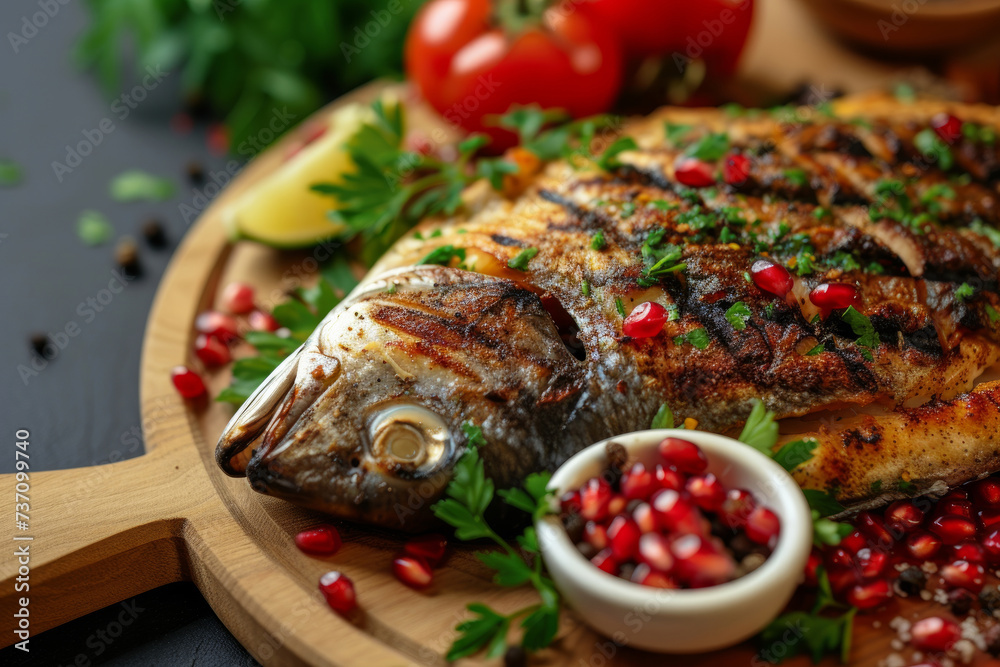 fried fish. Appetizing fried dorado fish. Restaurant menu, dieting ...