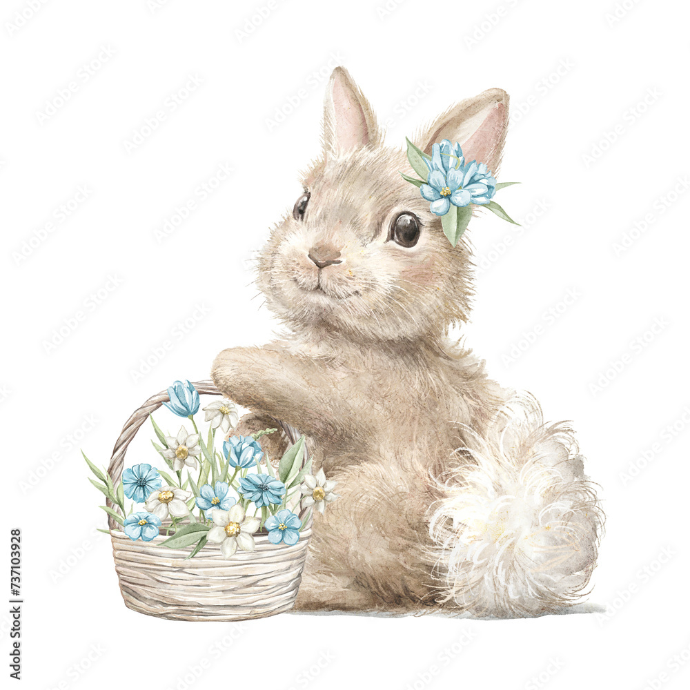 Cute vintage Easter bunny rabbit with floral boutonniere holding basket ...