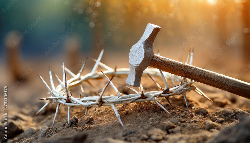 Hammer And Crown Of Thorns On Arid Ground. Blurred Background.Pa Stock ...