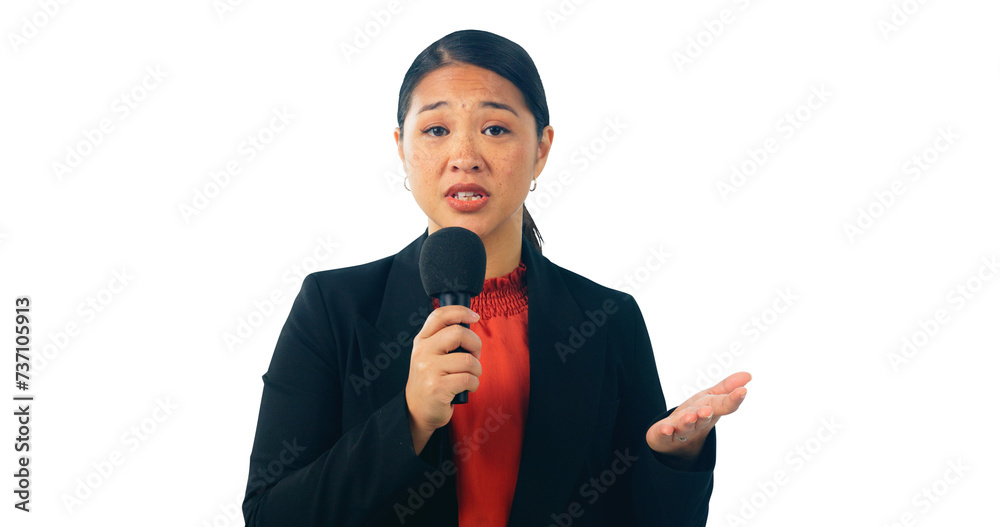 Woman, microphone and reporter with broadcast on Japanese news channel ...