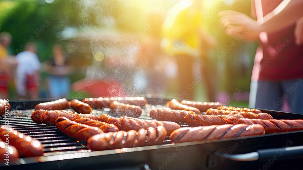 Street cuisine, homemade sausages, and meat grilled on the grill with ...