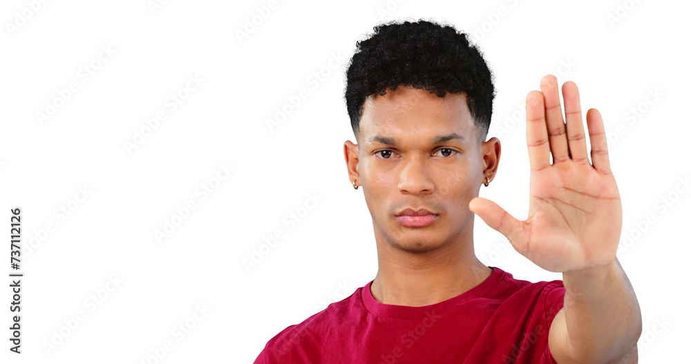 Hand, man and stop or serious in portrait with command or security, no ...