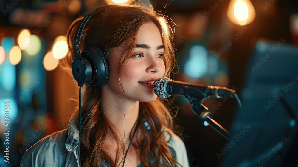 beautiful young woman sings into a microphone in a recording studio ...