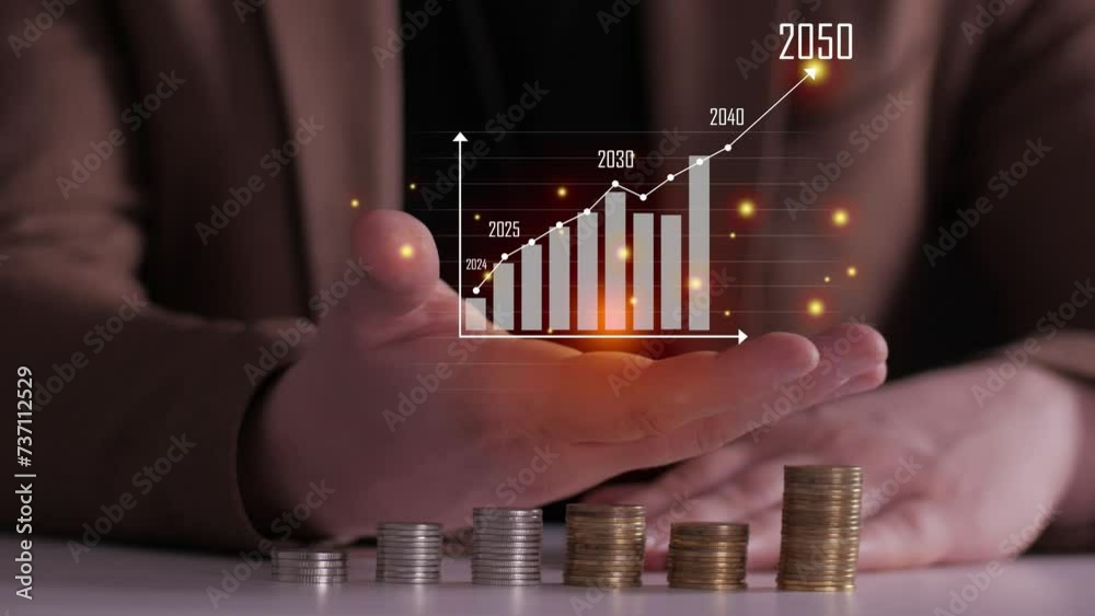 Net zero emissions by 2050. Businessman holding virtual growth chart ...