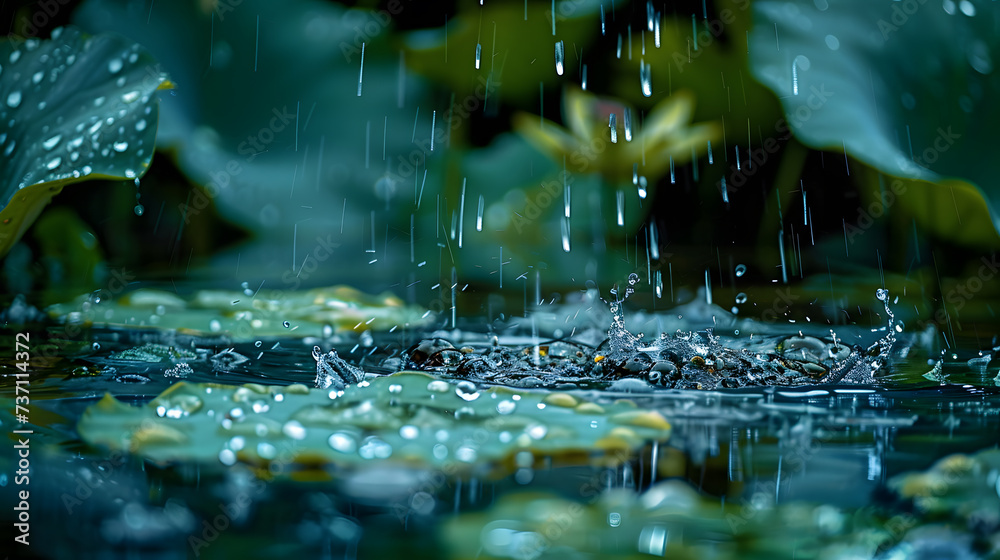A dynamic photograph capturing water droplets in motion as they bead up ...