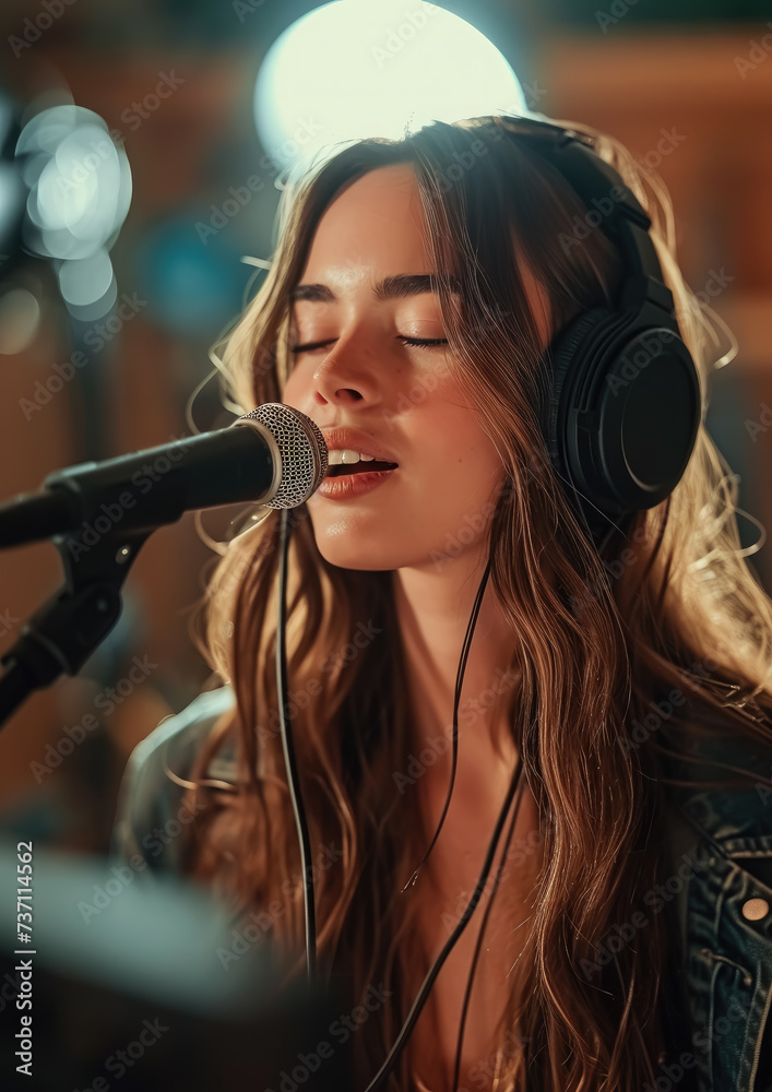 beautiful young woman sings into a microphone in a recording studio ...