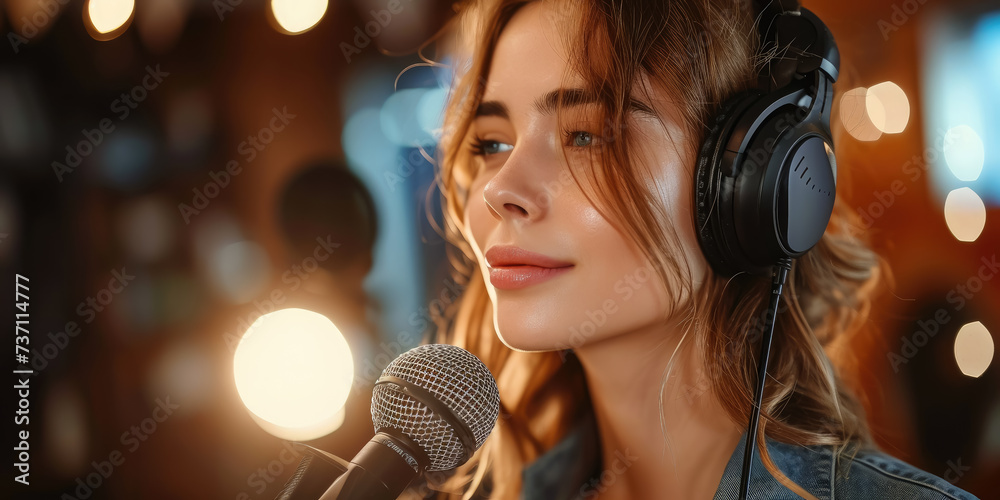 beautiful young woman sings into a microphone in a recording studio ...