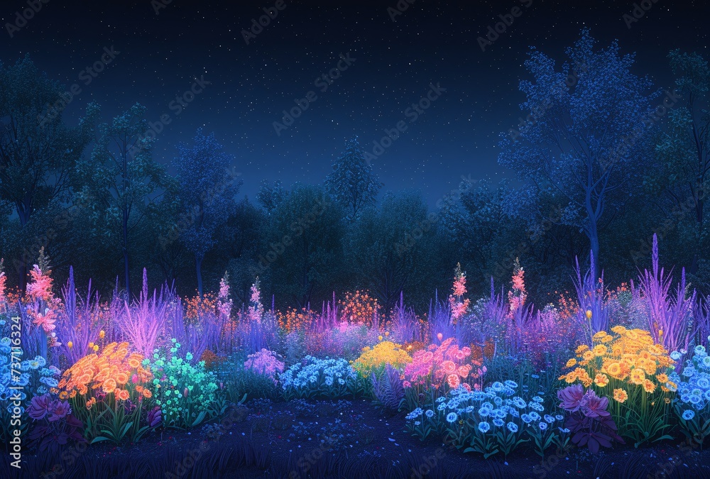 Glowing Nighttime Garden A Magical Nighttime Stroll Through a Colorful ...