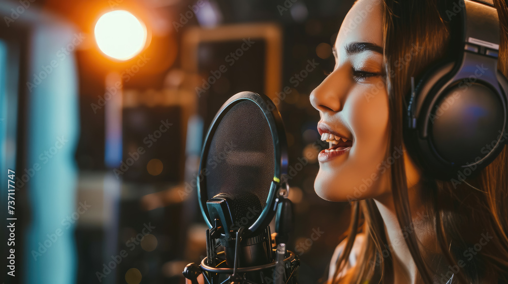 beautiful young woman sings into a microphone in a recording studio ...