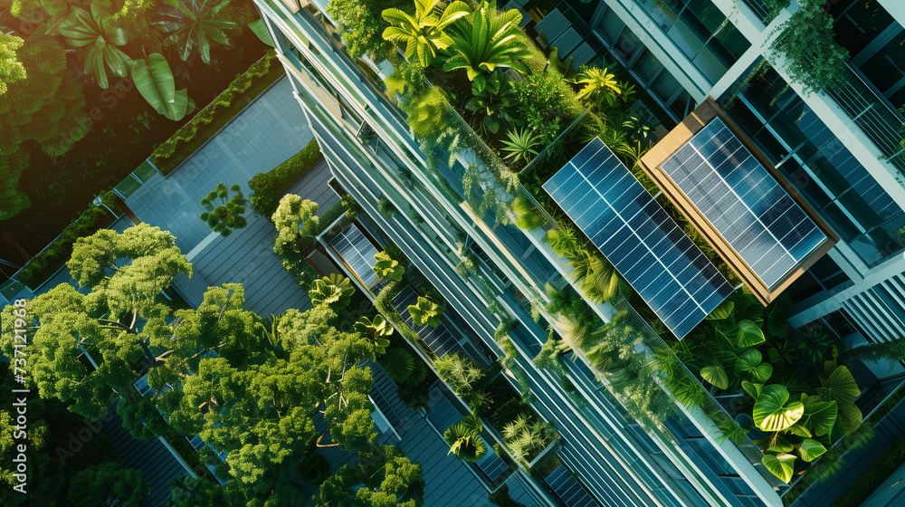 office roof covered with solar panels and green plants top view, green ...