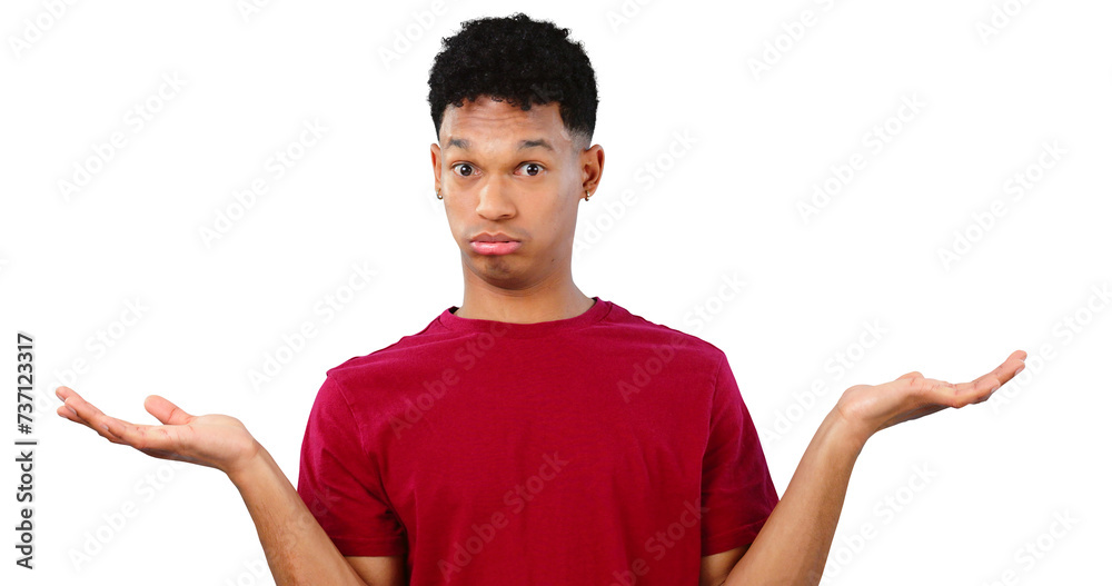 Shrug, doubt and man for portrait, transparent and isolated background ...