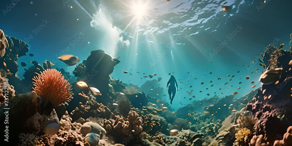 Scuba diver with coral reef, man underwater, scuba diver with balloon ...