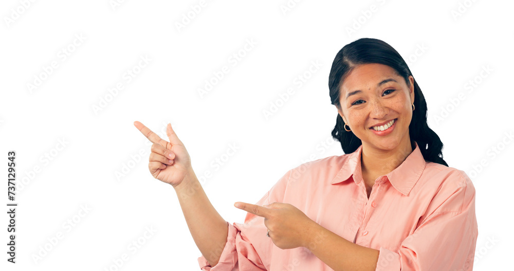 Portrait, hand pointing up and happy woman with promotion for ...