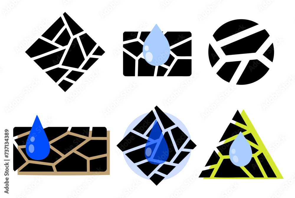 Dryness icon. Blue drop of water. Moisture and humidity. Crack in brown ...