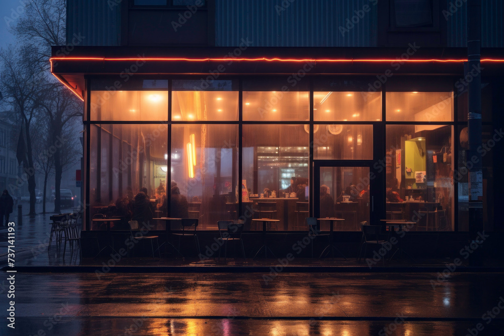 People sitting in coffee shop at night on rainy evening. Exterior of ...