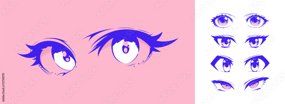 Japenese anime eye close up set on isolated background. Manga cartoon ...