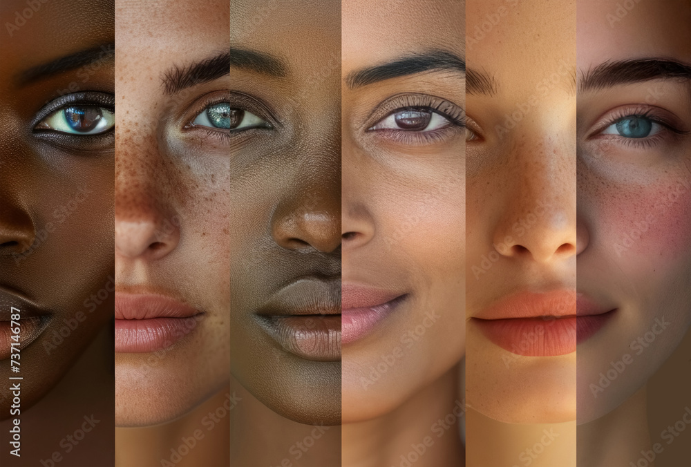 Striped collage made of portraits of beautiful woman different ...