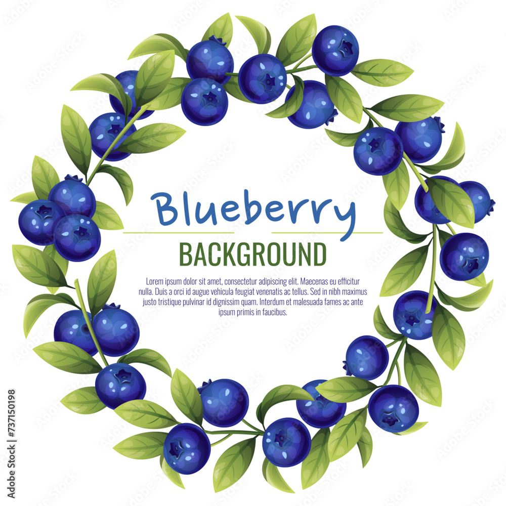 Card design with blueberries and green leaves. Frame, background with ...