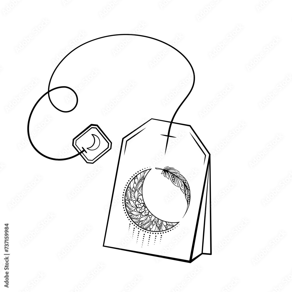 Black and white crescent moon tea bag illustration. Magic calming tea ...
