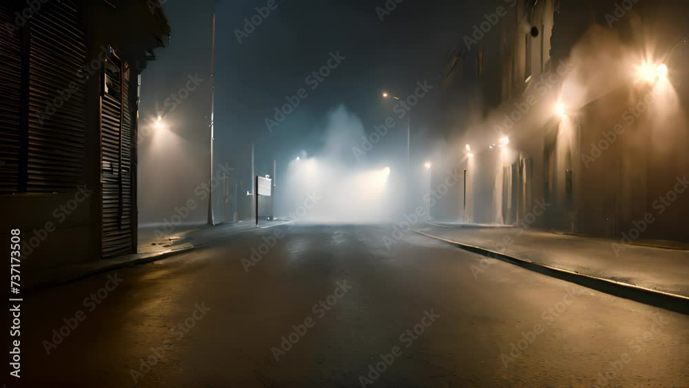 Quiet and desolate street at night, enveloped in thick layer of fog ...