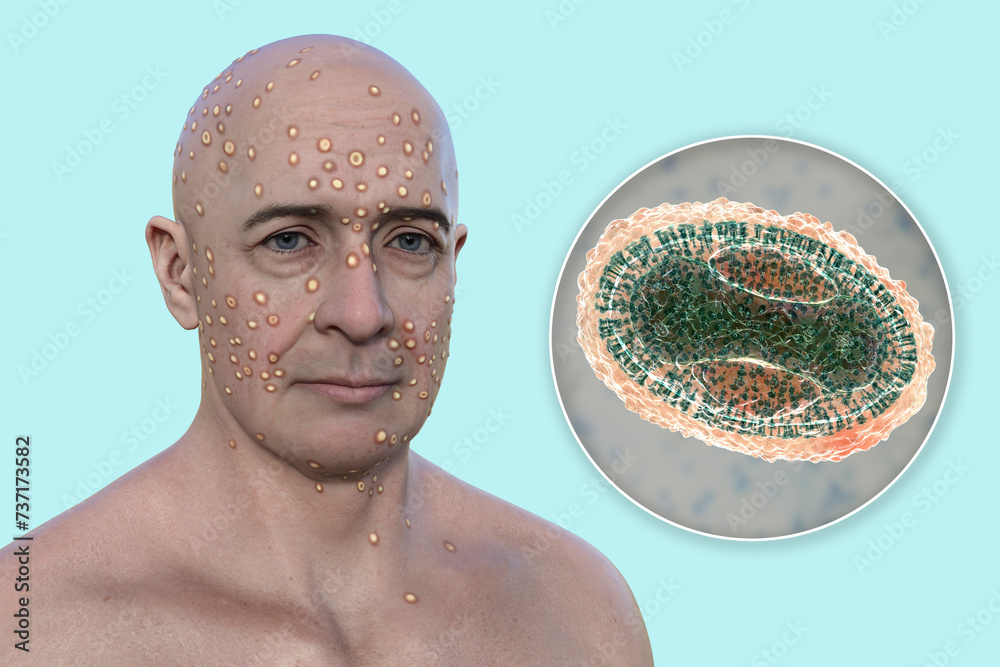 3D illustration depicts man with rash from pox viruses (smallpox ...