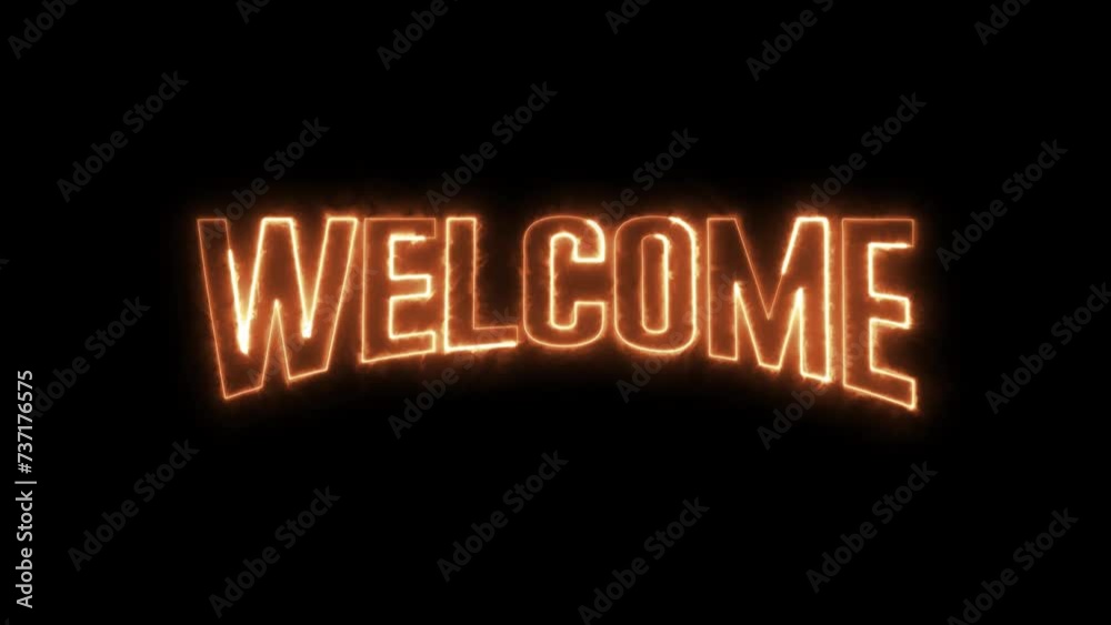 Welcome animation text appears on a realistic burning fire flame ...