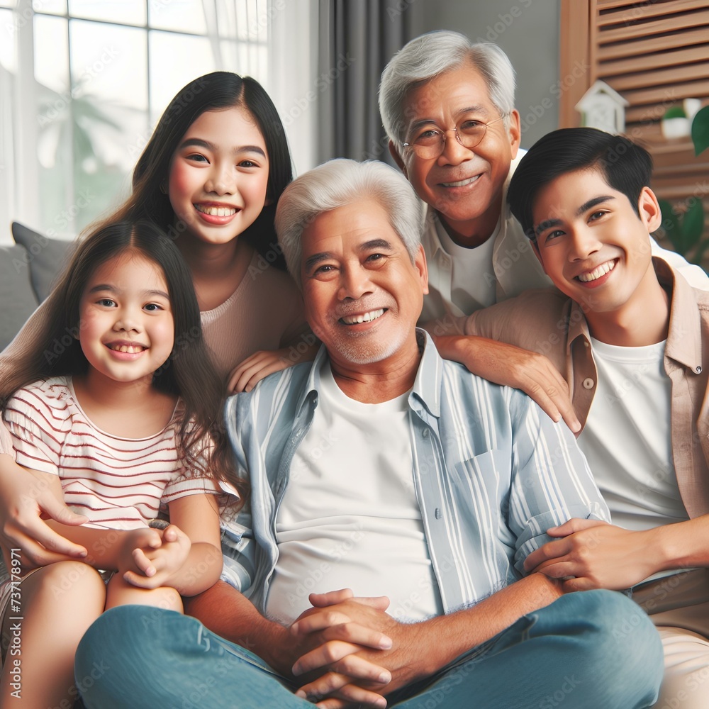 Filipino family and happy portrait with senior grandfather and children ...