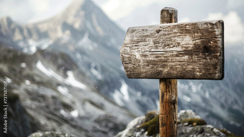 plain wooden signpost with arrow on the top of the mountain mountain ...