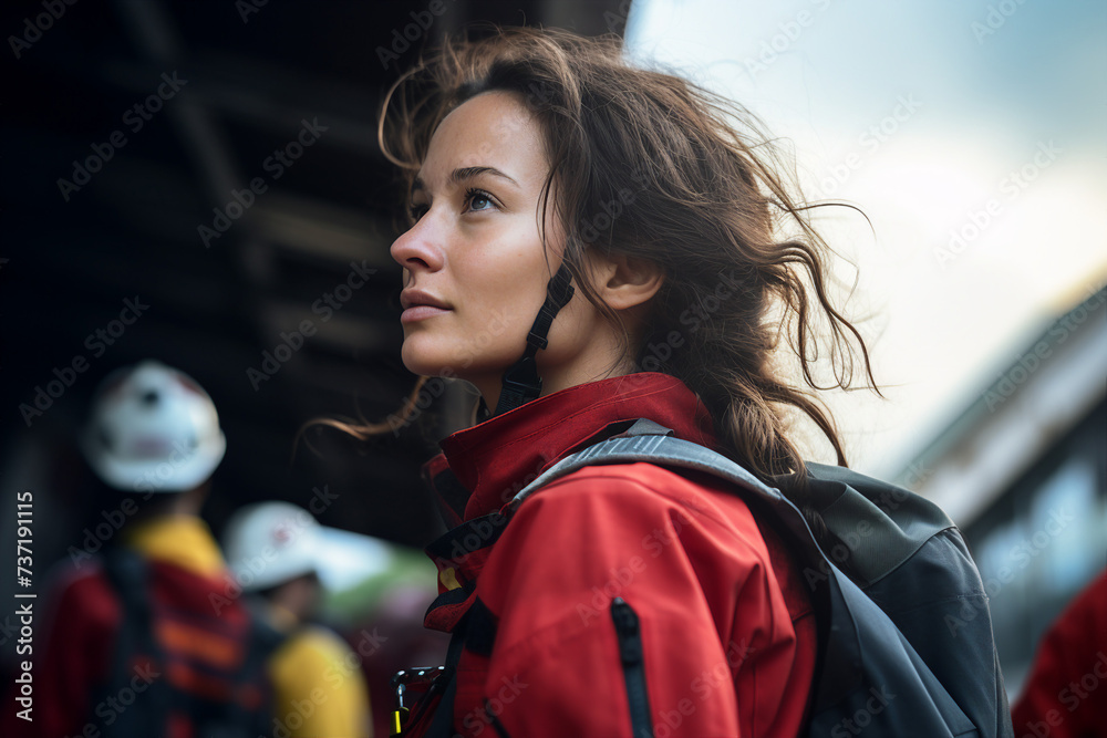 Generative AI image of a determined female rescue worker in action ...