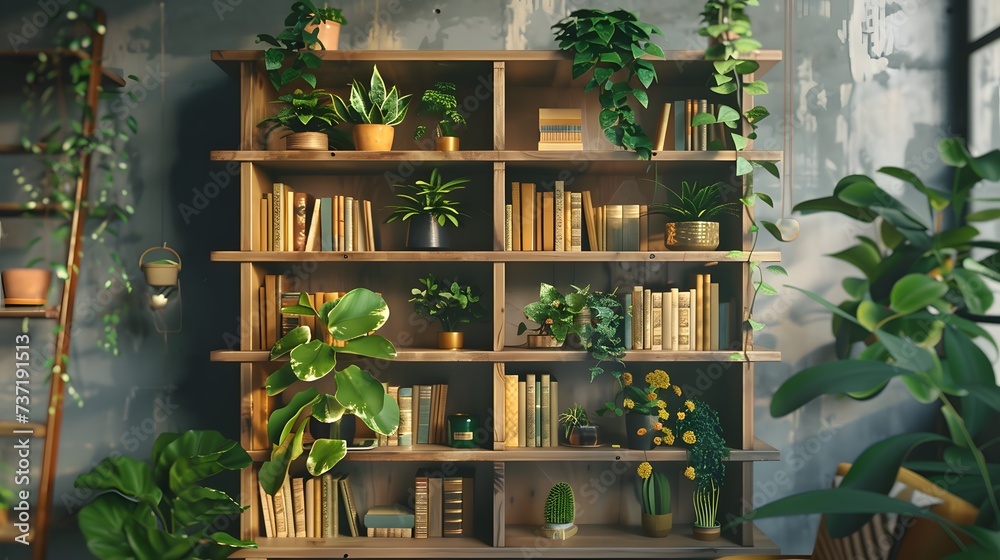 A contemporary-style bookshelf adorned with plants that serves as a ...