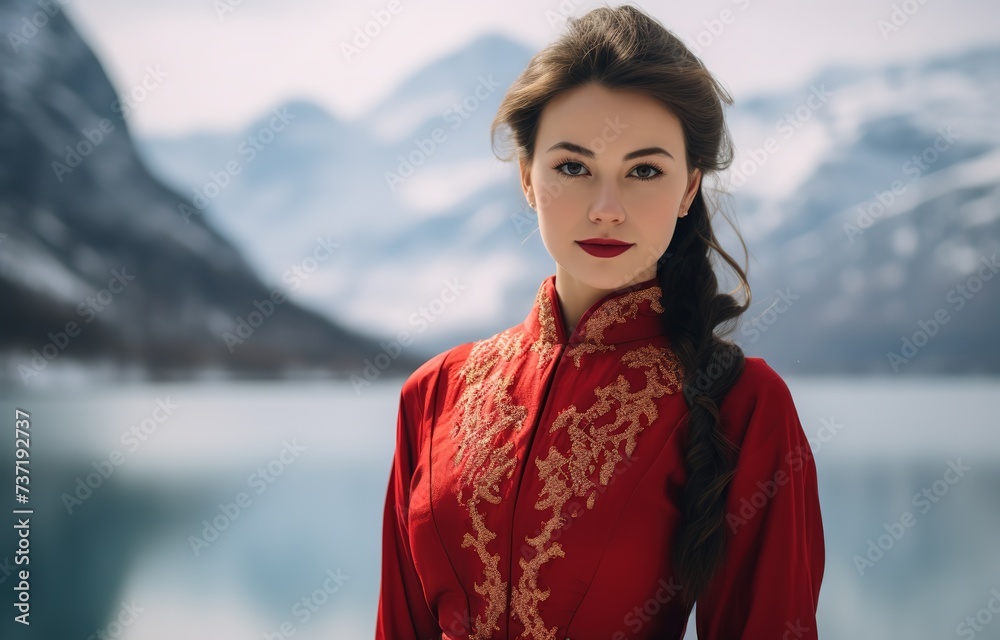 pretty Norwegian woman wearing red traditional Qipao Chinese outfit ...