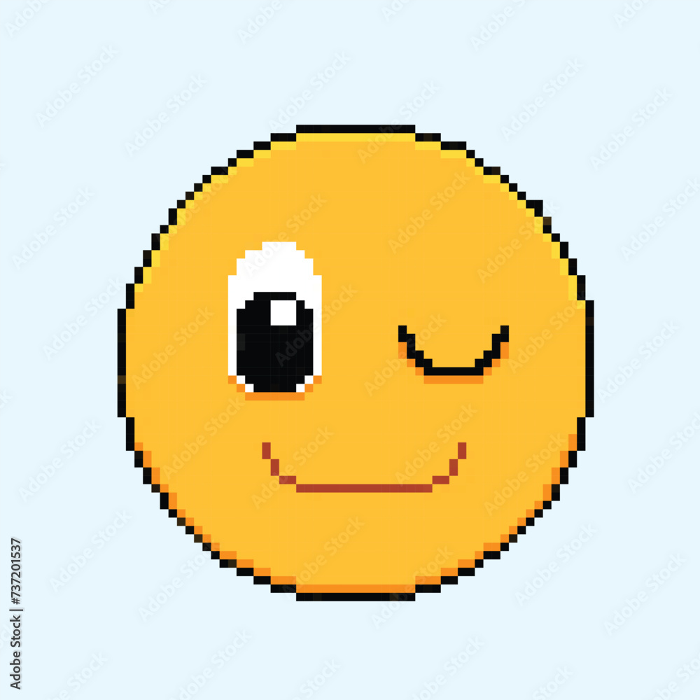 Wink and smile emoji yellow face. Pixel bit retro game styled vector ...