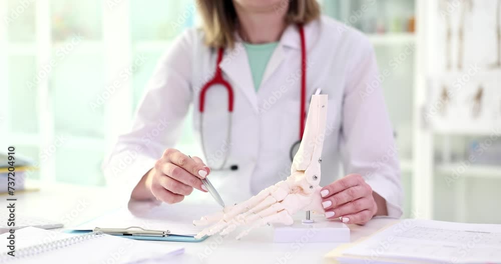 Doctor explains operation of foot on bone model. Pain in joints of legs ...