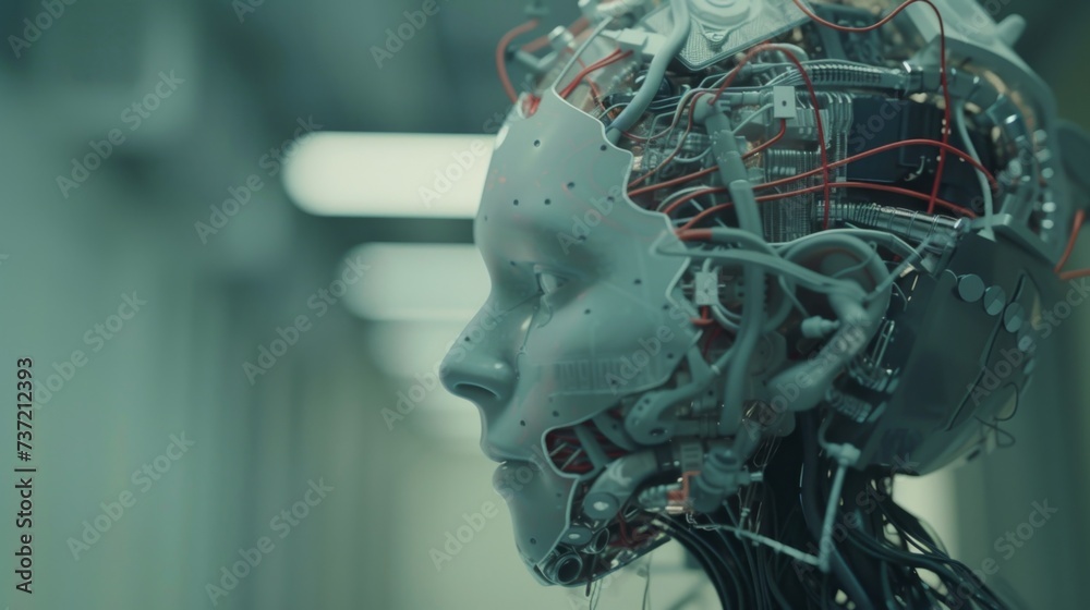 Detailed robot head with exposed wires, depicting artificial ...
