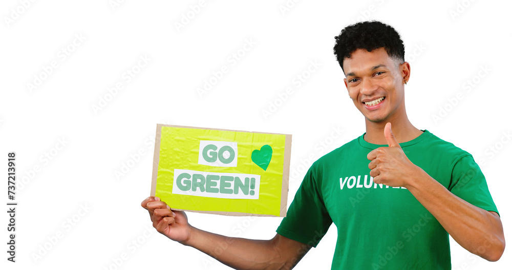 Volunteer, portrait and protest poster for environment accountability ...