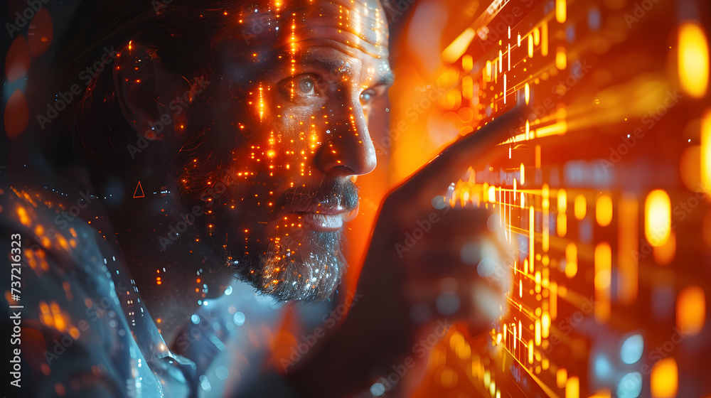 Cyber security. Portrait of a handsome young man using a futuristic ...