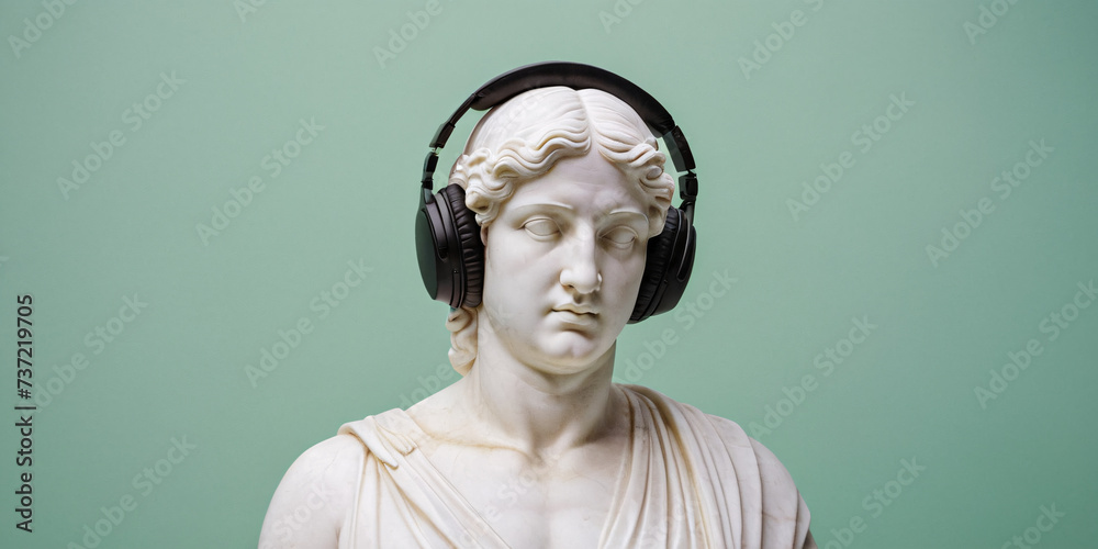 Conceptual photo of an ancient Greek statue wearing studio headphones ...