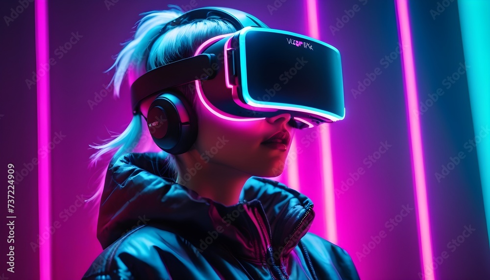 Young girl model with short white hairs wearing a VR visor viewer ...