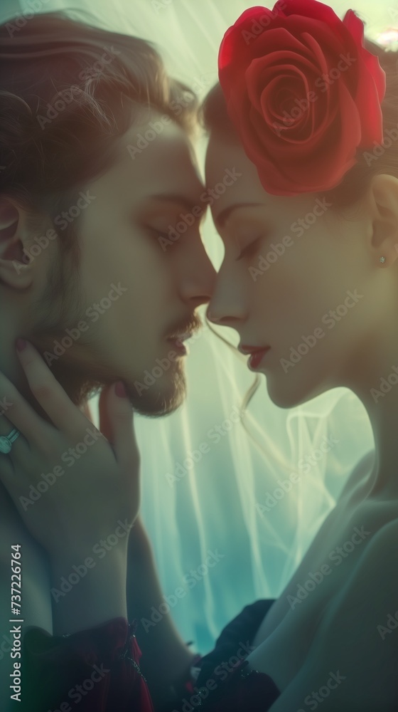 Couple kissing before a white veil in summer, fantasy romantic ...