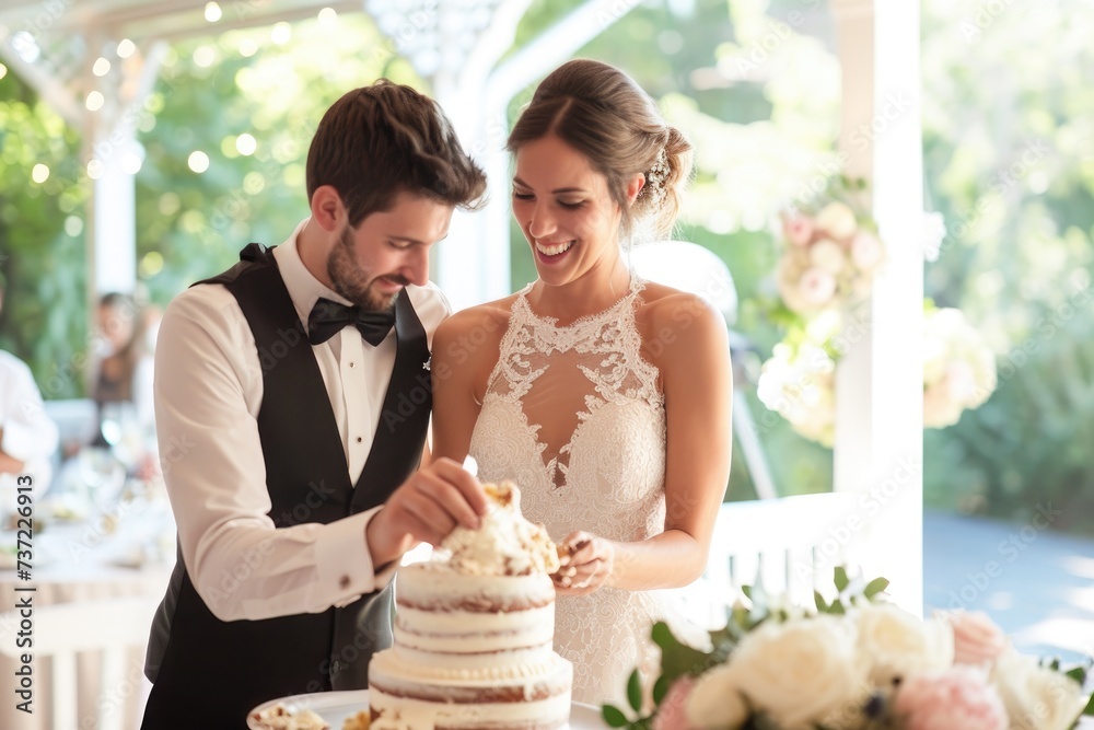 A couple who just got married celebrate their union by cutting a ...