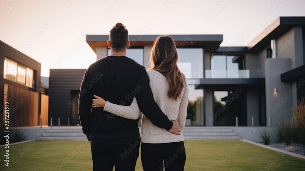 Couple standing back to back in front of their new modern home. Young ...