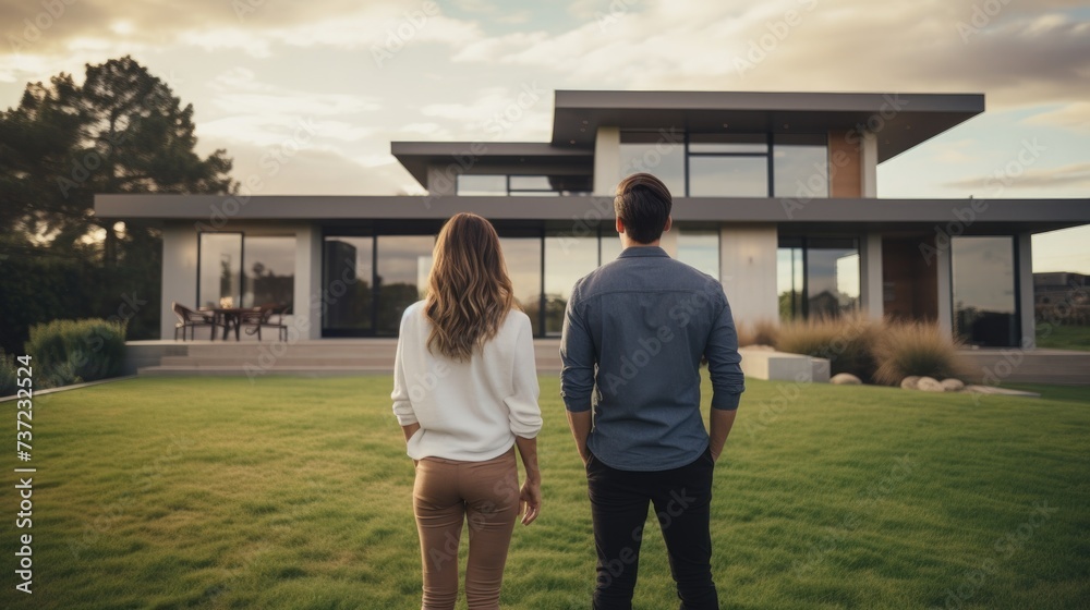 Couple standing back to back in front of their new modern home. Young ...