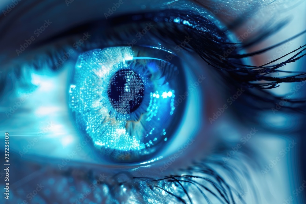 A detailed view of the vibrant blue iris and surrounding structures of ...