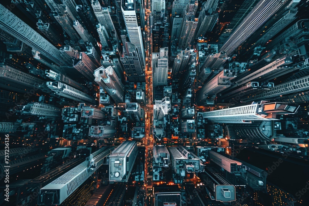 An overhead view of a bustling city at night, featuring illuminated ...